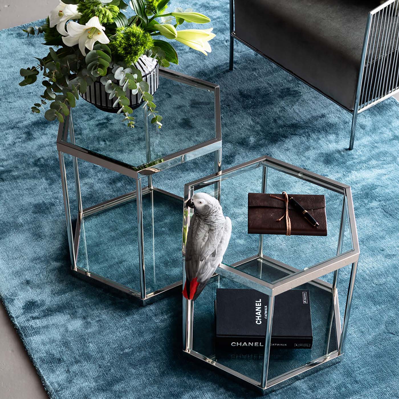 Small Hexagon - Chrome and Glass Table - KEENS Belfast